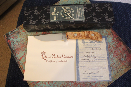 Vintage Queen Cut USA SALESMAN SAMPLE Tan Curly Birch Wood Fixed Blade ...