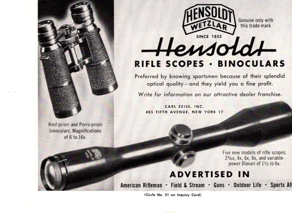 1959 HENSOLDT GUN SIGHT CORP PRINT AD, VTG FIREARMS GUN MOUNT SIGHTS ...