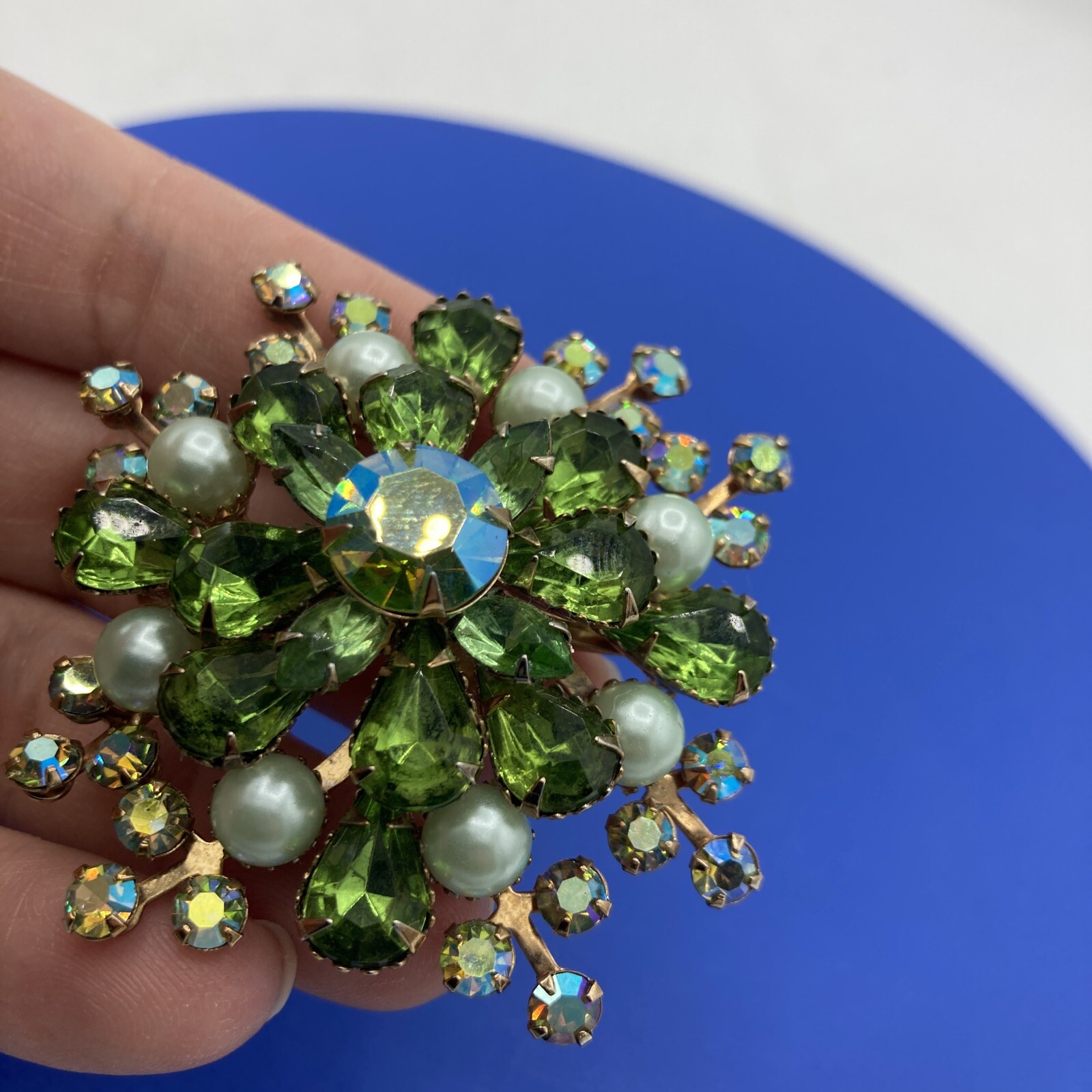 Vintage AB Green Rhinestones Pearls Dome Brooch Pin A… - Gem