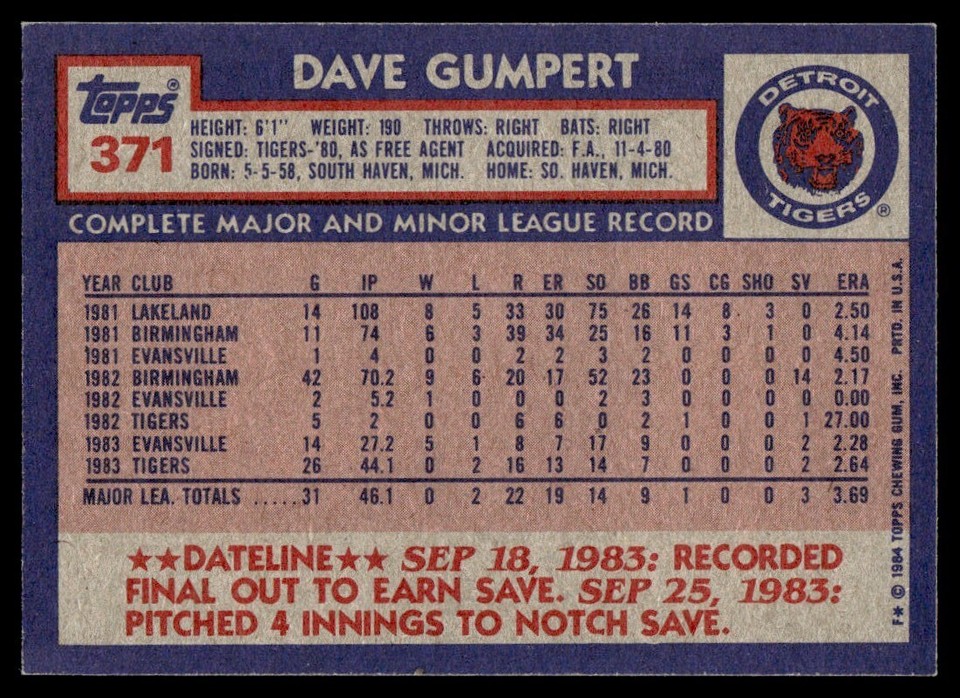 1984 Topps Dave Gumpert Rookie Auto Detroit Tigers #371 COA Card Signed ...