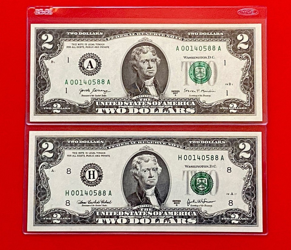 AMAZING MATCHING SERIAL NUMBER ($2 DOLLAR NOTE 2003A St Louis & 2017A ...