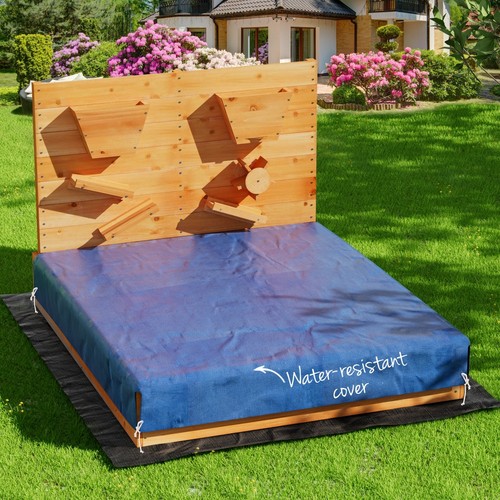 Keezi Kids Sandpit Wooden Sandbox Sand Pit with Cover Funnel Outdoor ...