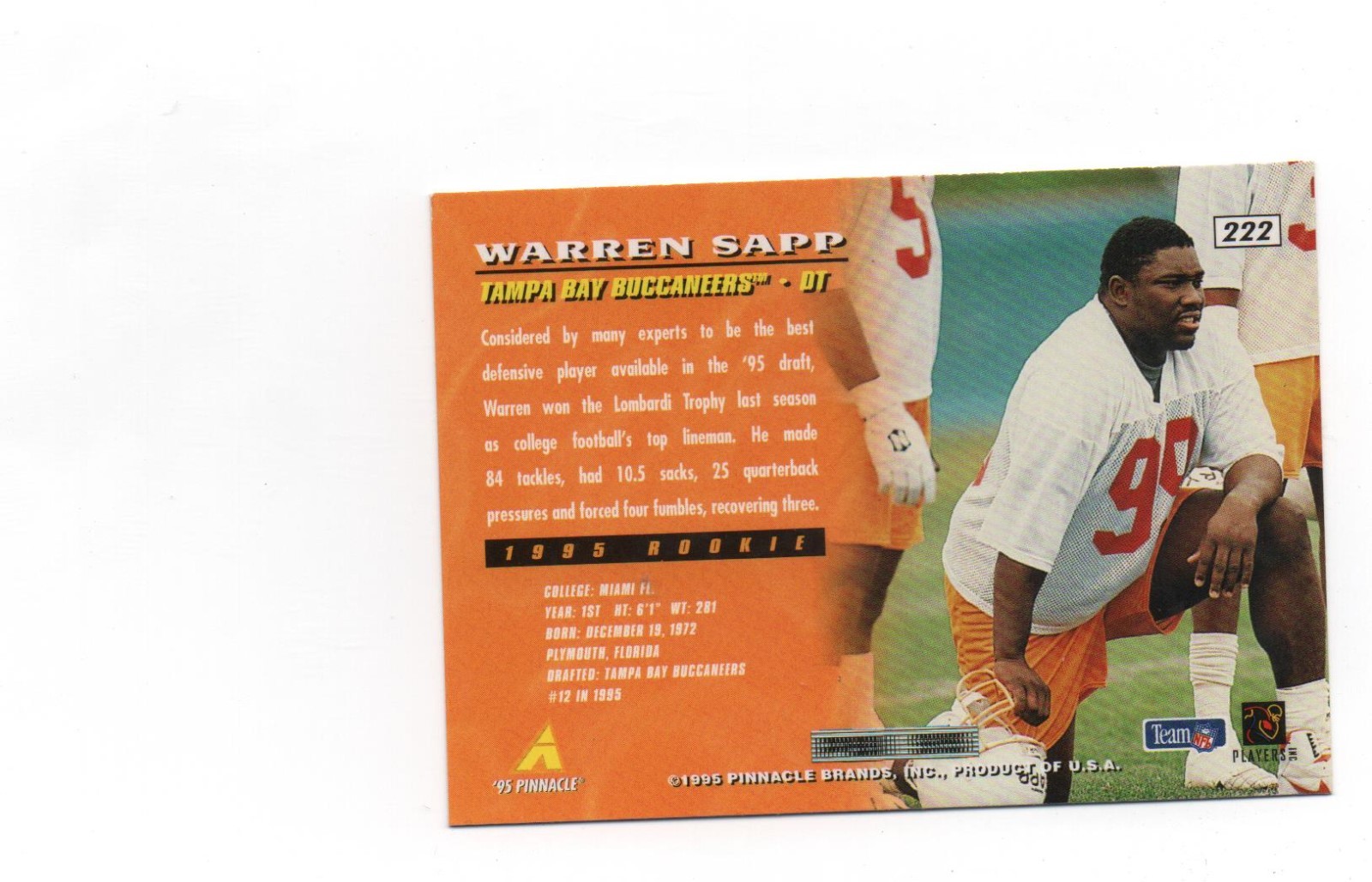 1995 PINNACLE #222 WARREN SAPP ROOKIE CARD - BUCCANEERS NM-MT | eBay