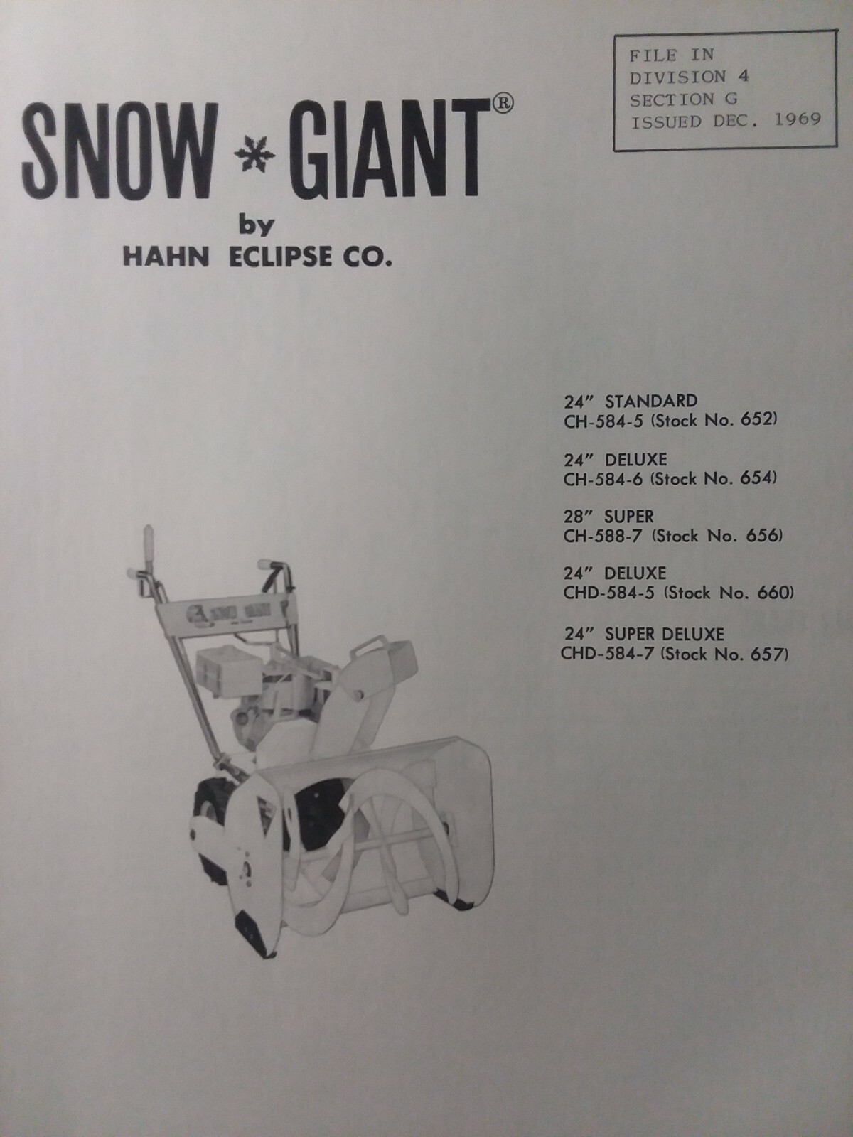 Hahn Eclipse Snow Giant Walk-Behind Snow Thrower Parts Manual CH-584-5 ...