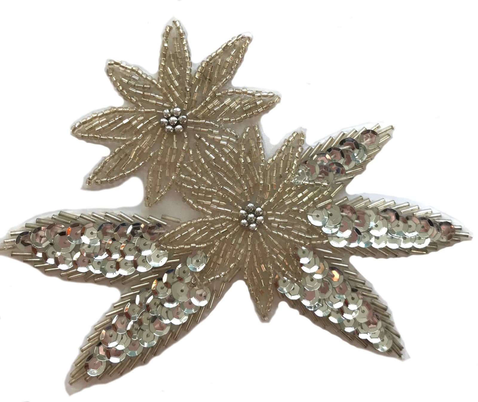 Silver Double Flower Floral Beaded Sequined Sew-On Applique Craft Patch ...