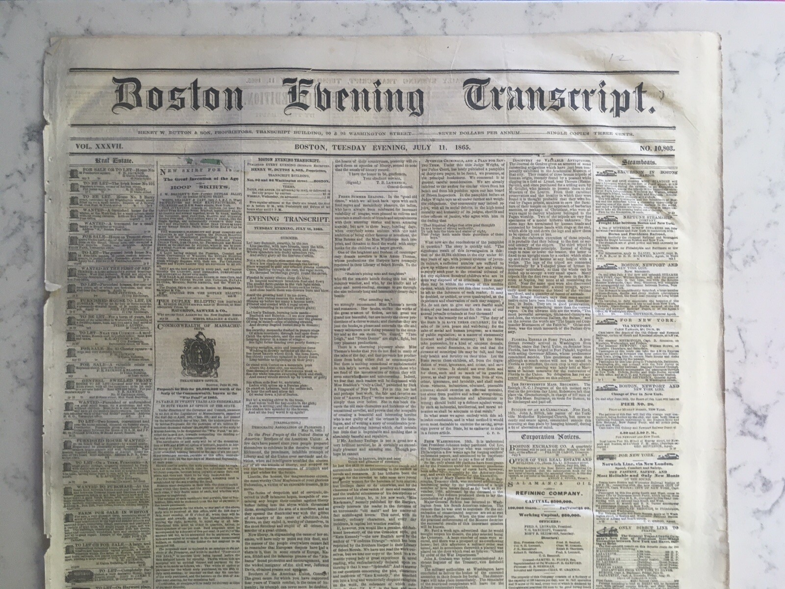 ANTIQUE CIVIL WAR NEWSPAPER BOSTON EVENING TRANSCRIPT JULY 11, 1865 END ...