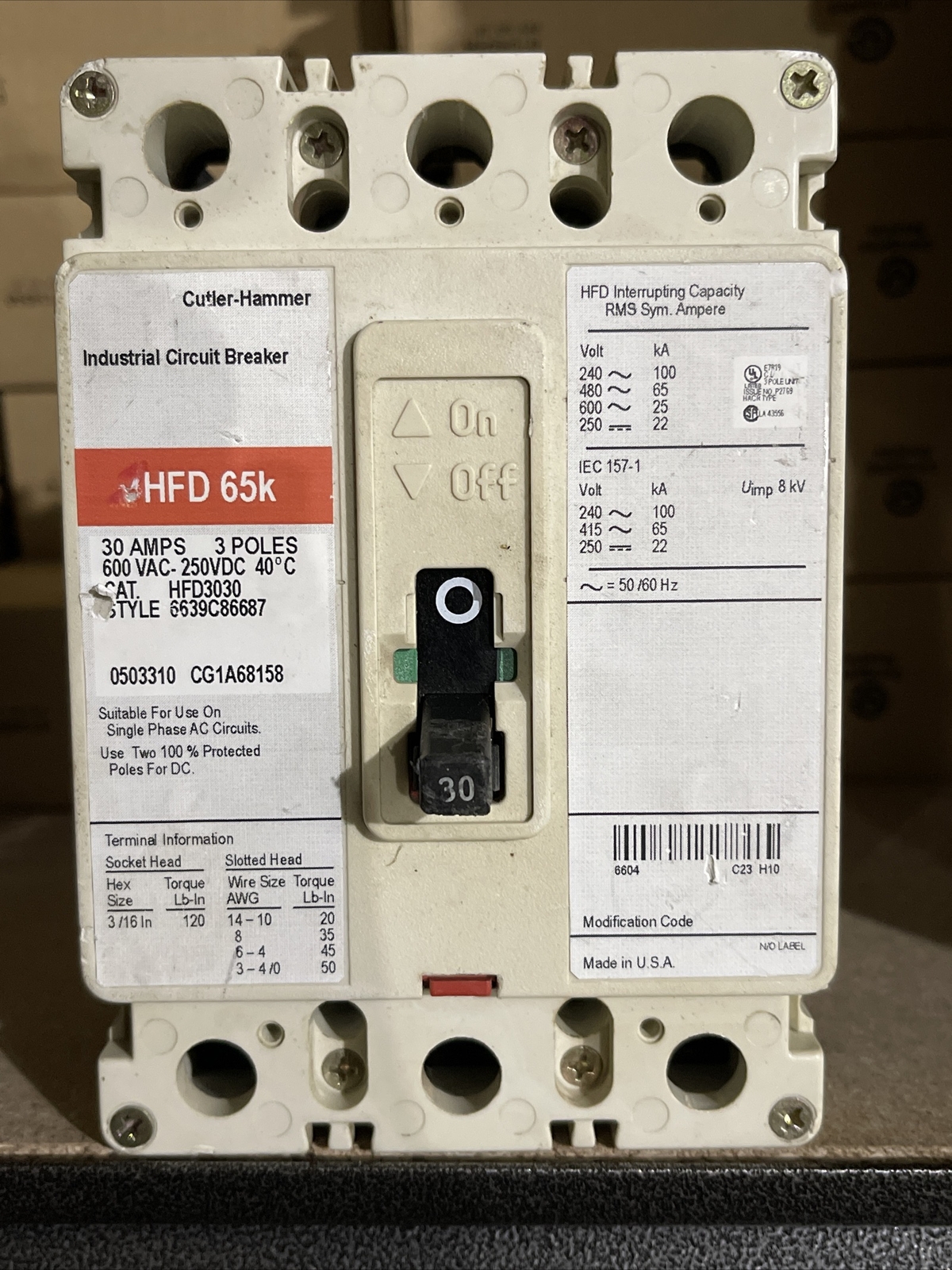 Eaton HFD3030 Circuit Breaker With Chipped, Upper Right Corner HFD 65K ...