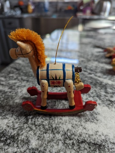 Vintage Christmas Ornament Wooden Rocking Horse Hand painted Barrel ...