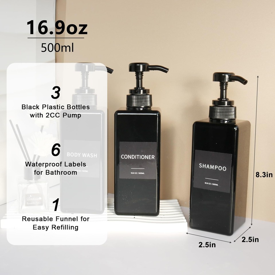 Shampoo and Conditioner Dispenser, Refillable Plastic Shampoo Pump ...