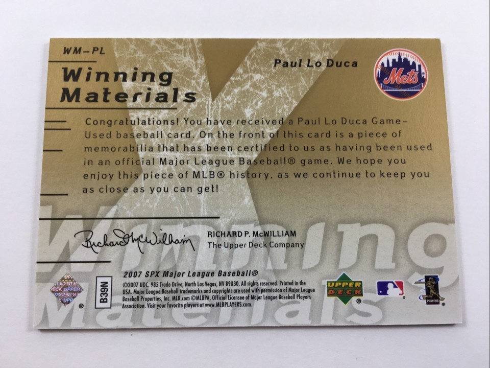 2007 Upper Deck SPX Paul Lo Duca Winning Materials Relic Card 167/199 ...