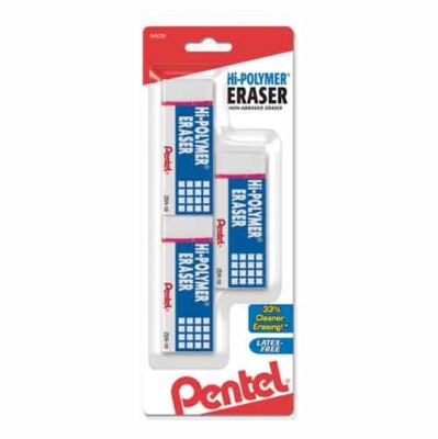 Pentel Hi-Polymer Large Block Eraser White 3/Pk Clean Latex-Free School ...