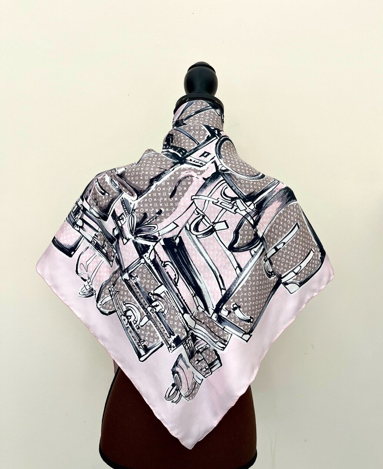 New Louis Vuitton Scarf Monogram Classic Trunks Luggage Pink Beige Silk ...