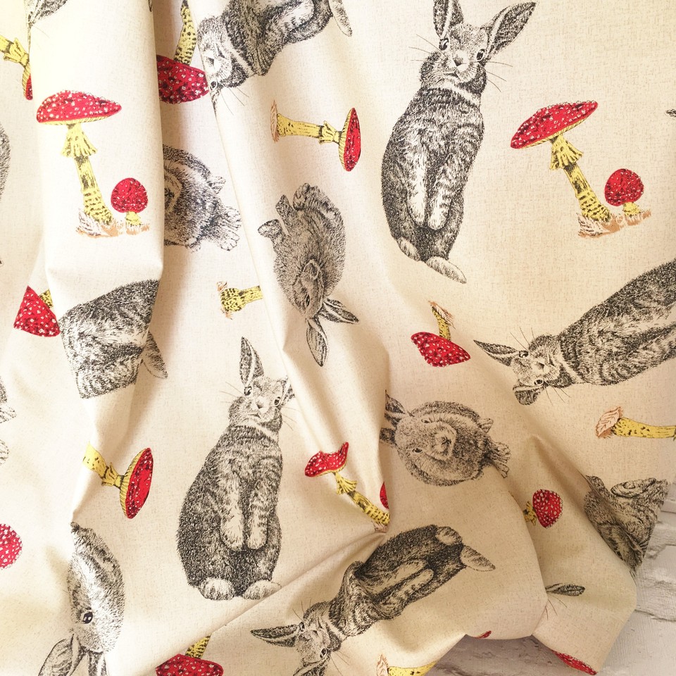 Rabbit cotton fabric toadstools woodland animal linen look bunny hare ...
