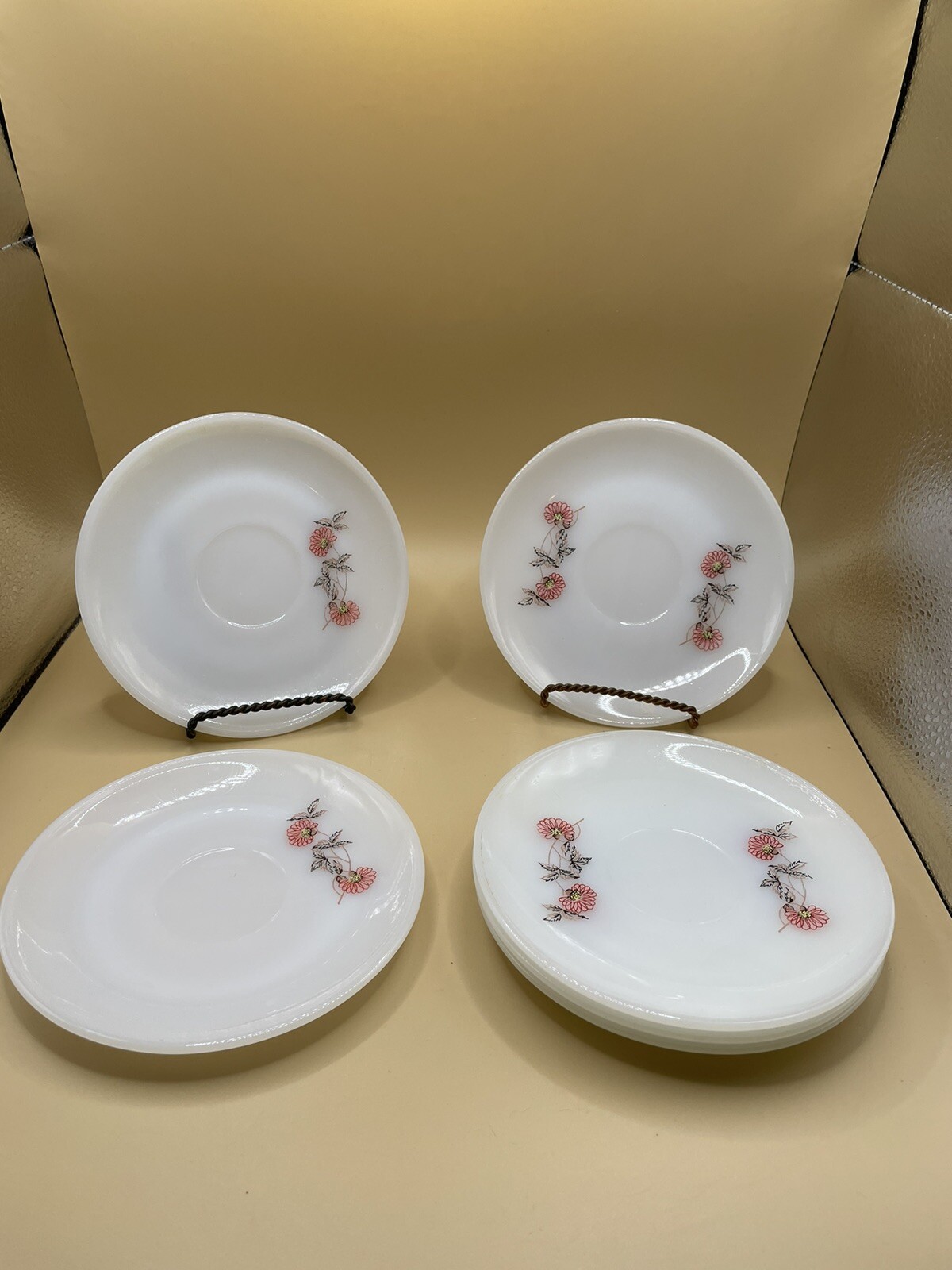 Vintage Fire King set of 6 Saucers-pink rose Fleurette flower USA 5.5 ...