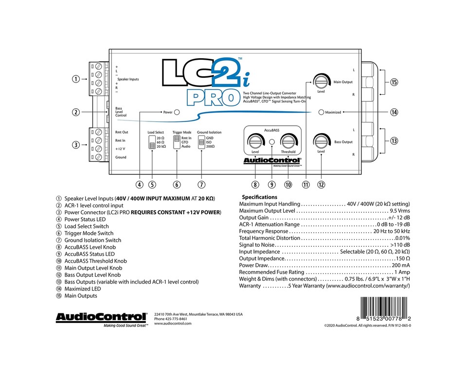 AudioControl LC2i PRO 2-Channel Line Output Converter with Wireless Qi ...