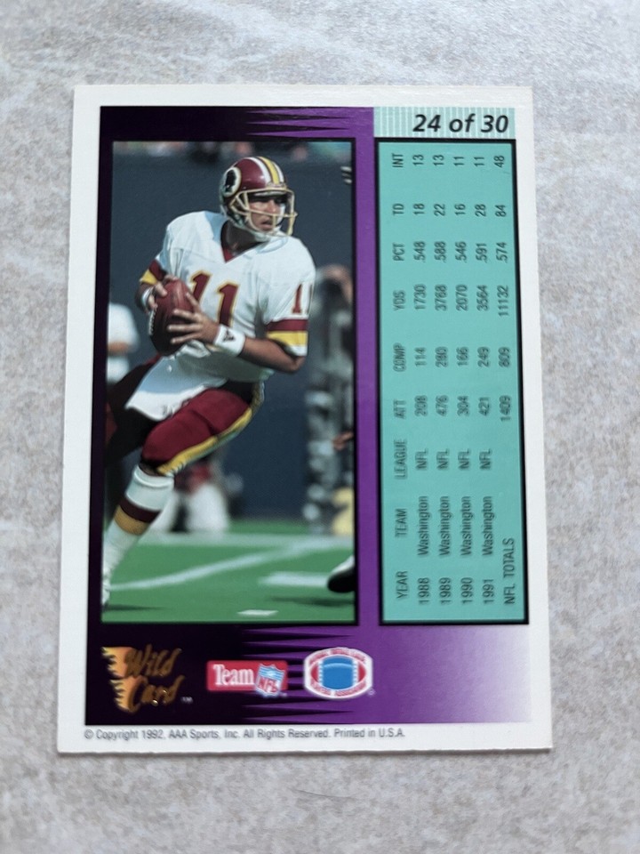 1992 Wild Card Field Force Gold #24 Mark Rypien NFL Washington Redskins ...