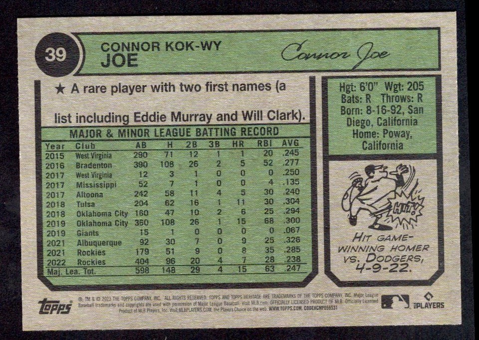 2023 TOPPS HERITAGE BASE CARD CONNOR JOE PITTSBURGH PIRATES #39 | eBay