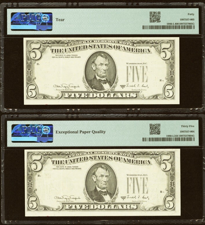 2 Consecutive 1988A $5 Overprint on Back Error PMG 40/35 Mix Ladder ...