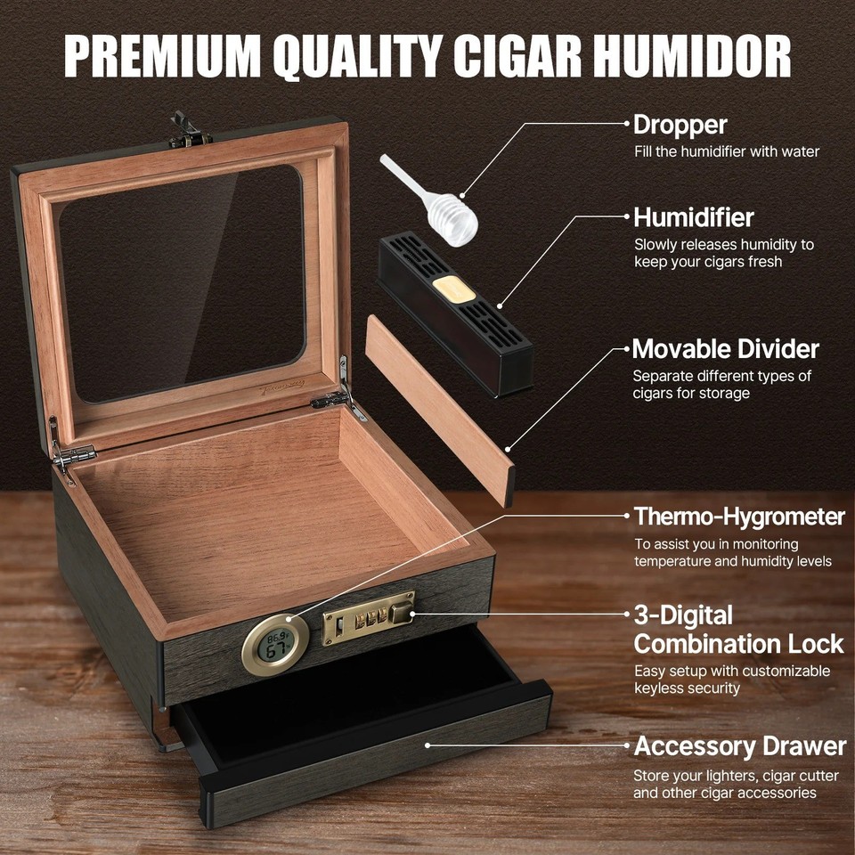 Cigar Humidor, Glass Top Desktop Box with Digital Thermo-Hygrometer ...