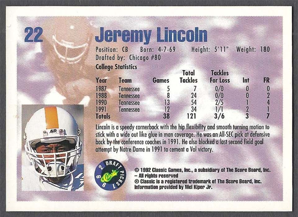 1992 Classic Draft Picks #22 Jeremy Lincoln Chicago Bears | eBay