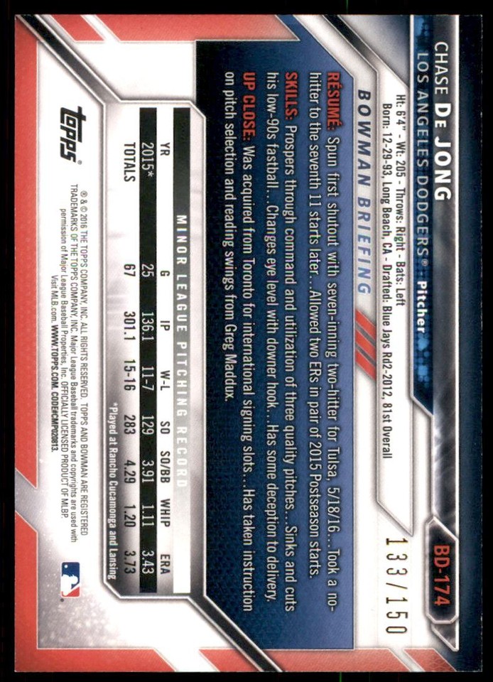 2016 Bowman Draft Blue #BD174 Chase De Jong /150 | eBay