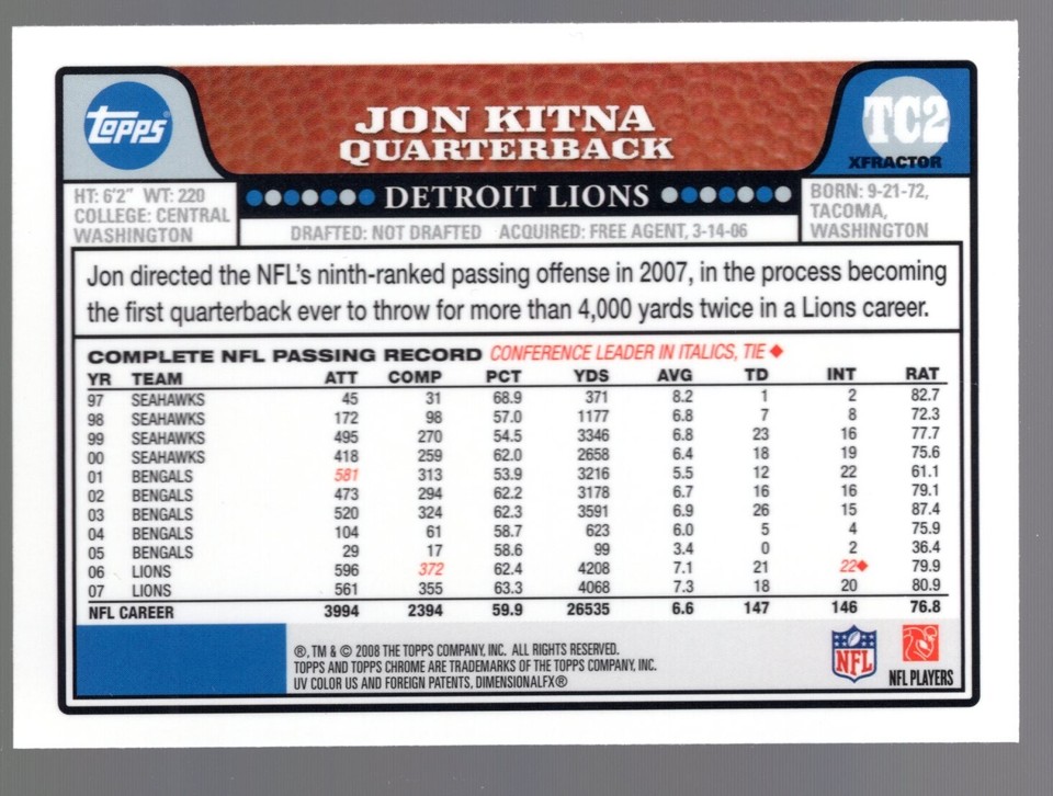 2008 TOPPS CHROME JON KITNA XFRACTOR CARD #TC2 **NM-MT** DETROIT LIONS ...