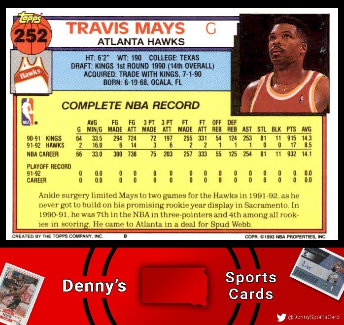 1992 Topps #252 Travis Mays Atlanta Hawks Basketball Card | eBay