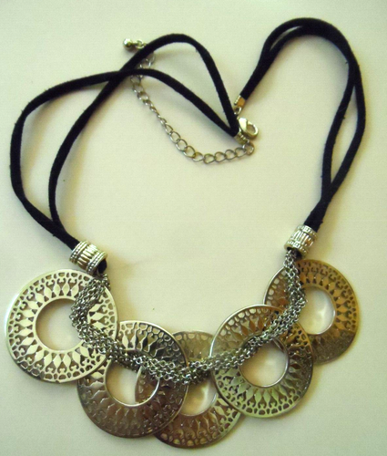 Vintage Necklace - GOLD TONE CHAIN & METAL DISCS w/BLACK LEATHER CORD ...
