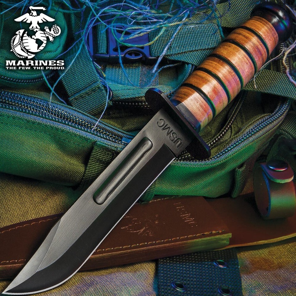 USMC Marines Combat Knife | 7" Stainless Steel Blade | Embossed Leather ...
