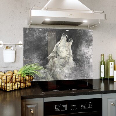 Glass Splashback Kitchen Tile Cooker Sketch Wild Wolf ANY SIZE HOLES ...