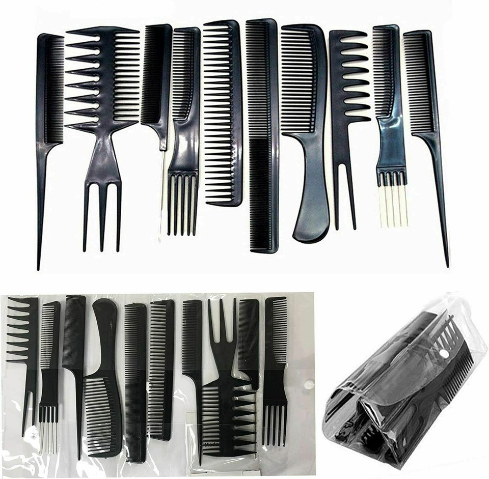 10 PCS HAIR STYLING COMB SET PROFESSIONAL BLACK HAIRDRESSING BRUSH ...