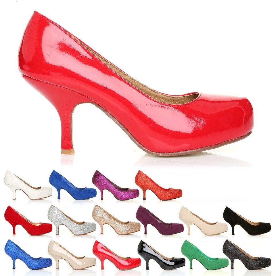 NEW WOMENS LADIES MID HEEL CASUAL SMART WORK PUMP COURT SHOES SIZE 3-8 ...