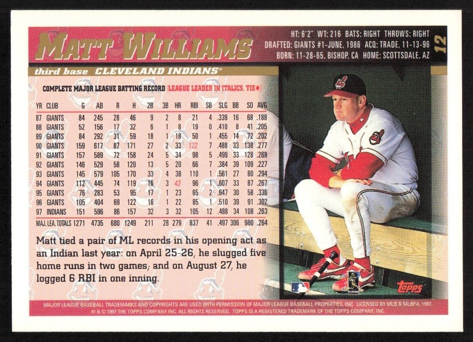 1998 Topps Baseball Matt Williams #12 Cleveland Indians | eBay