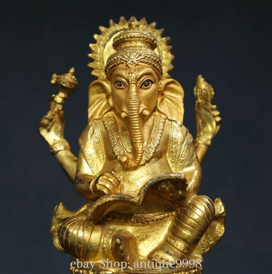 Old Nepal Bronze Gilt Painting 4 Arm Elephant Mammon God Book Buddha ...