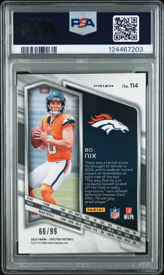 2024 Panini Spectra CELESTIAL PRIZM #114 Bo Nix RC #66/99 PSA 9 MINT ...