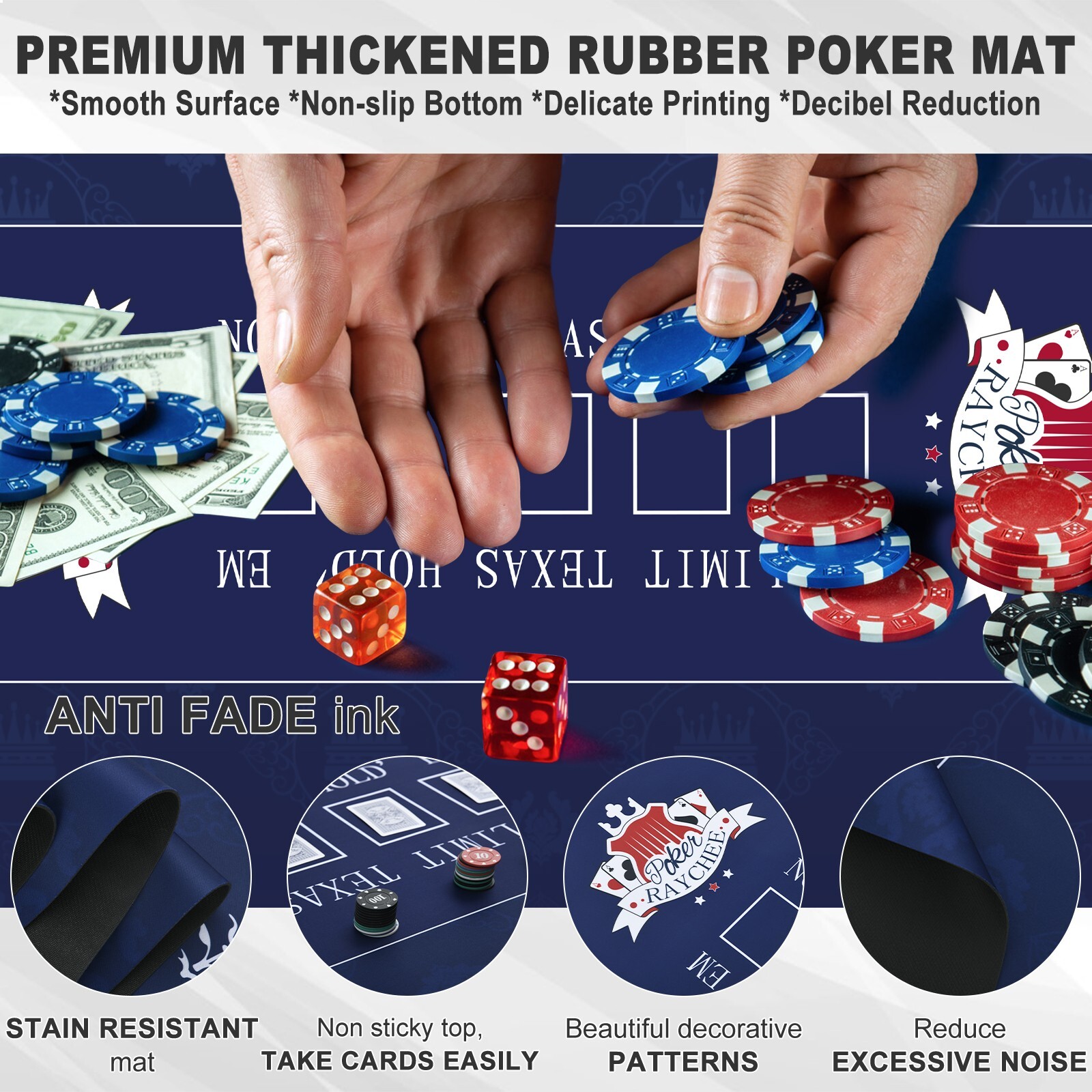 70"x35" Poker Mat Poker Table Top Portable Rubber Mat Texas Hold'em 6-8 ...