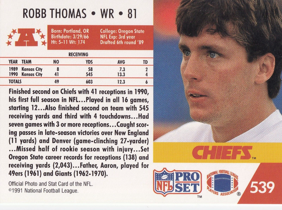 1991 Pro Set #539 Robb Thomas NFL Kansas City Chiefs + Yes 4 Free ...