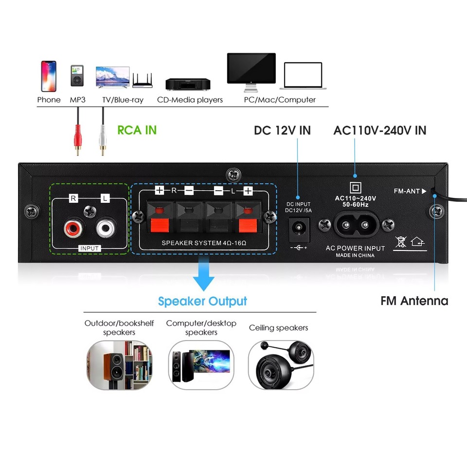 AK35 Mini Bluetooth5.0 Stereo Audio Amplifier Car Home HiFi Music USB ...