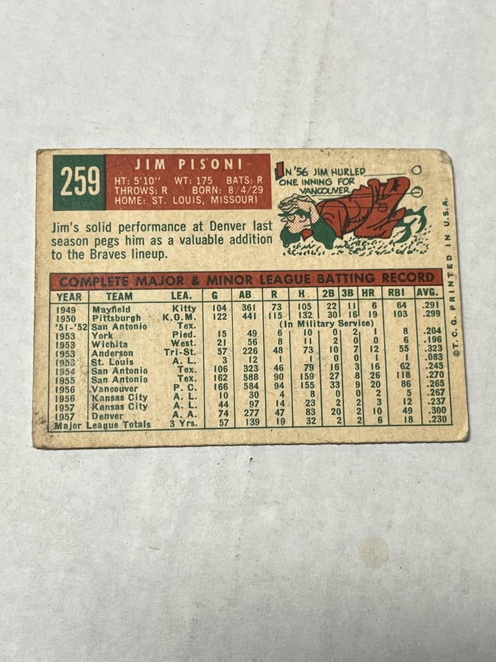 1959 Topps #259a Jim Pisoni White/lighter back | eBay