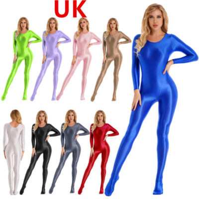 UK Womens Bodysuit Oil Shiny Suit Long Sleeve Full Body Footed Unitard ...