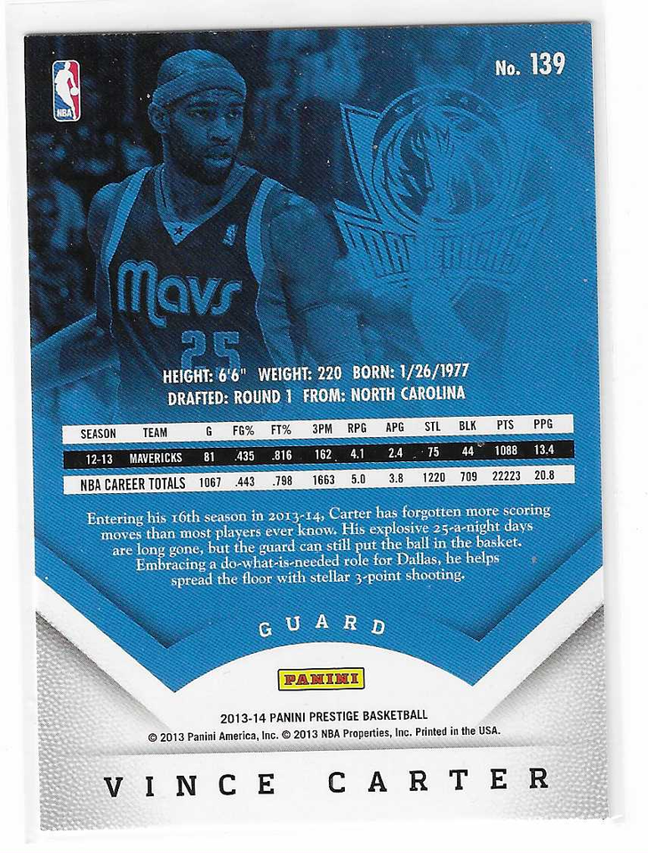 2013-14 Panini Prestige Bonus Shots Silver #139 Vince Carter Dallas ...