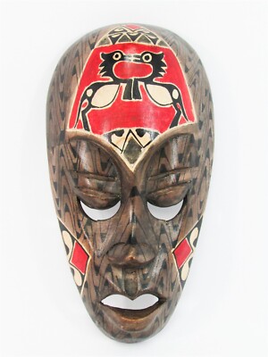 Tribal Mask w/ Dogs 8" Wooden Hand Carved & Painted Bali Indonesia Wood ...