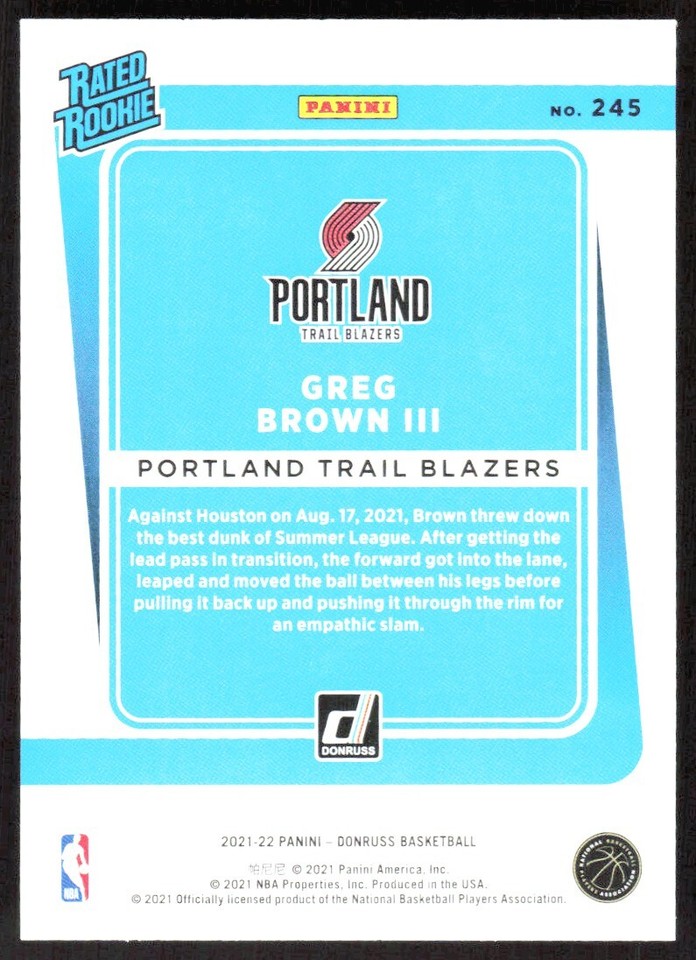 2021-22 5177B Donruss Rated Rookies Greg Brown III Rookie Portland ...