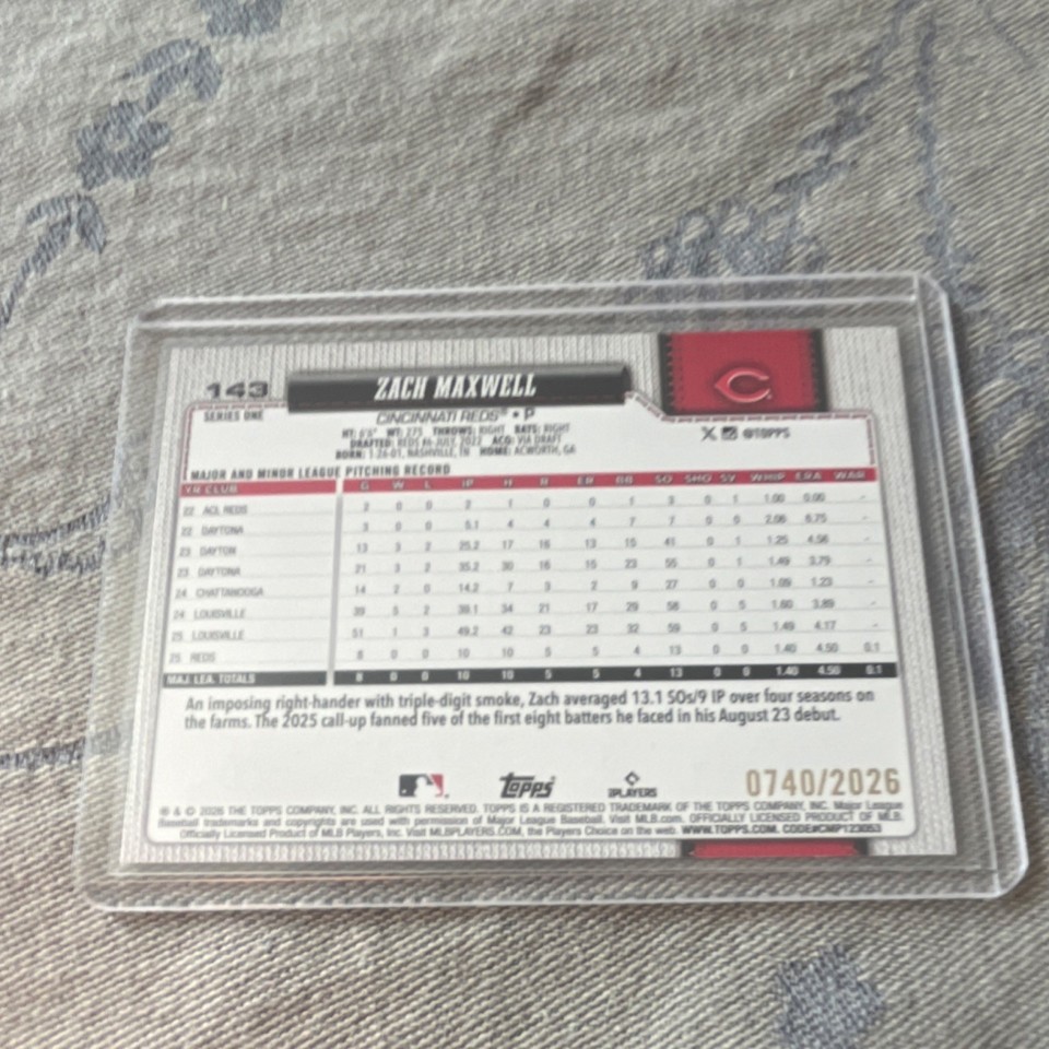 Topps 2026 Series One Zach Maxwell Cincinnati Reds Rookie RC #143 0740/ ...