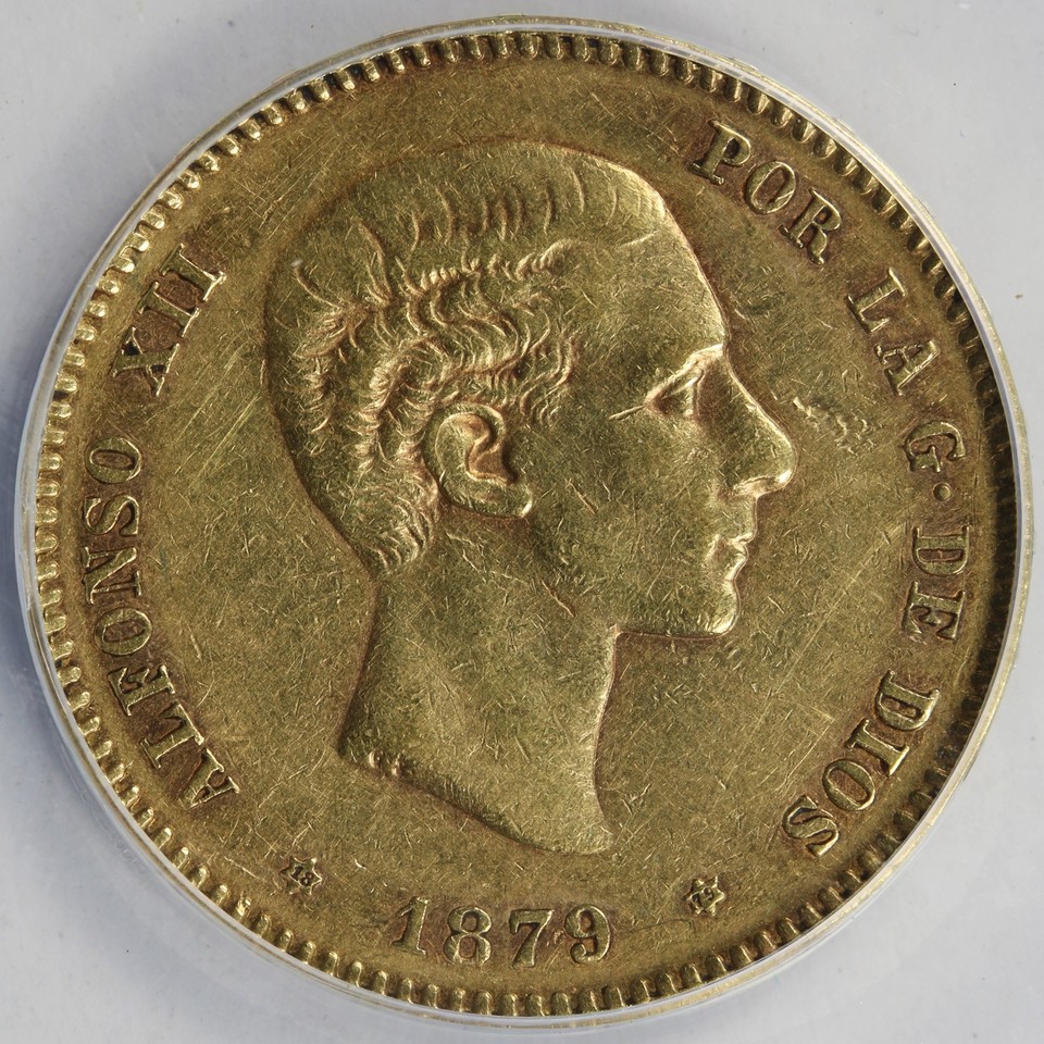 1879 Spain 25 Pesetas Gold Alfonso XII ANACS EF45 Details Cleaned EM-M ...