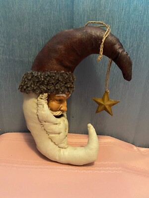 Painted Fabric Santa Moon and Star Christmas Primitive Hanging Figure ...