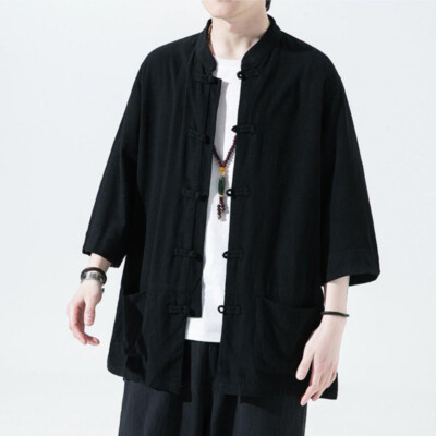 Men Chinese Tai Chi Tang Suit Half Sleeve Shirt Kung Fu Jacket Retro ...