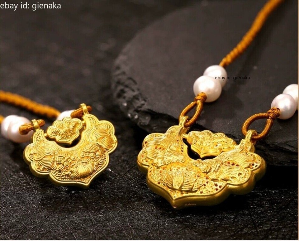 Pure 999 24K Yellow Gold Men Women 3D Lucky Locks Ruyi Beads Pendant ...