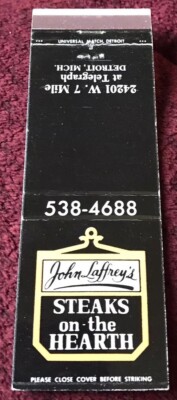 Matchbook Cover John Laffrey’s Steaks On The Hearth Detroit Michigan | eBay