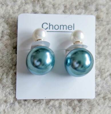 Brand New! Chomel Teal & White Double-Pearl Stud Earrings—Reversible ...